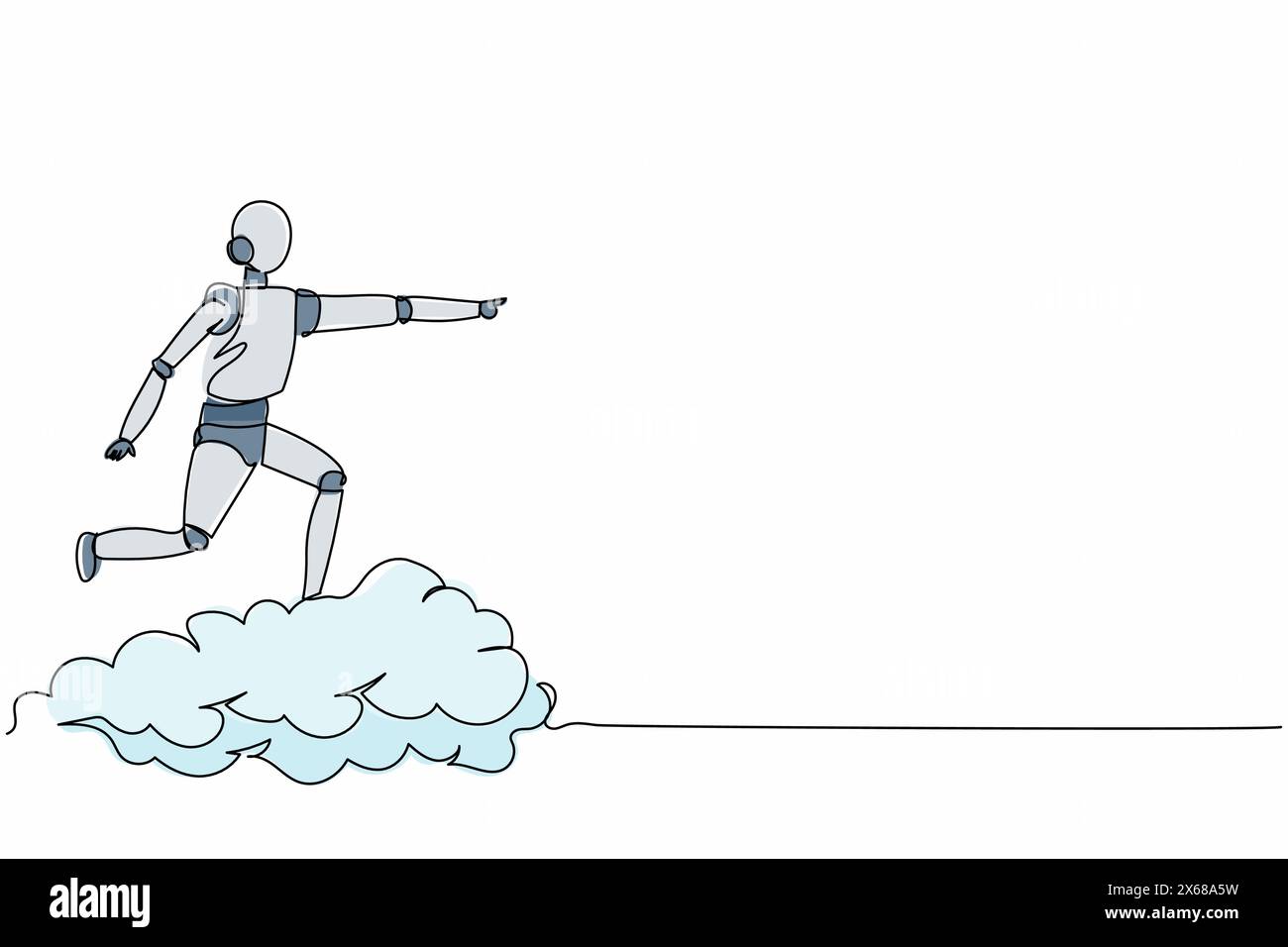 Single continuous line drawing robot riding cloud on the sky, pointing ...