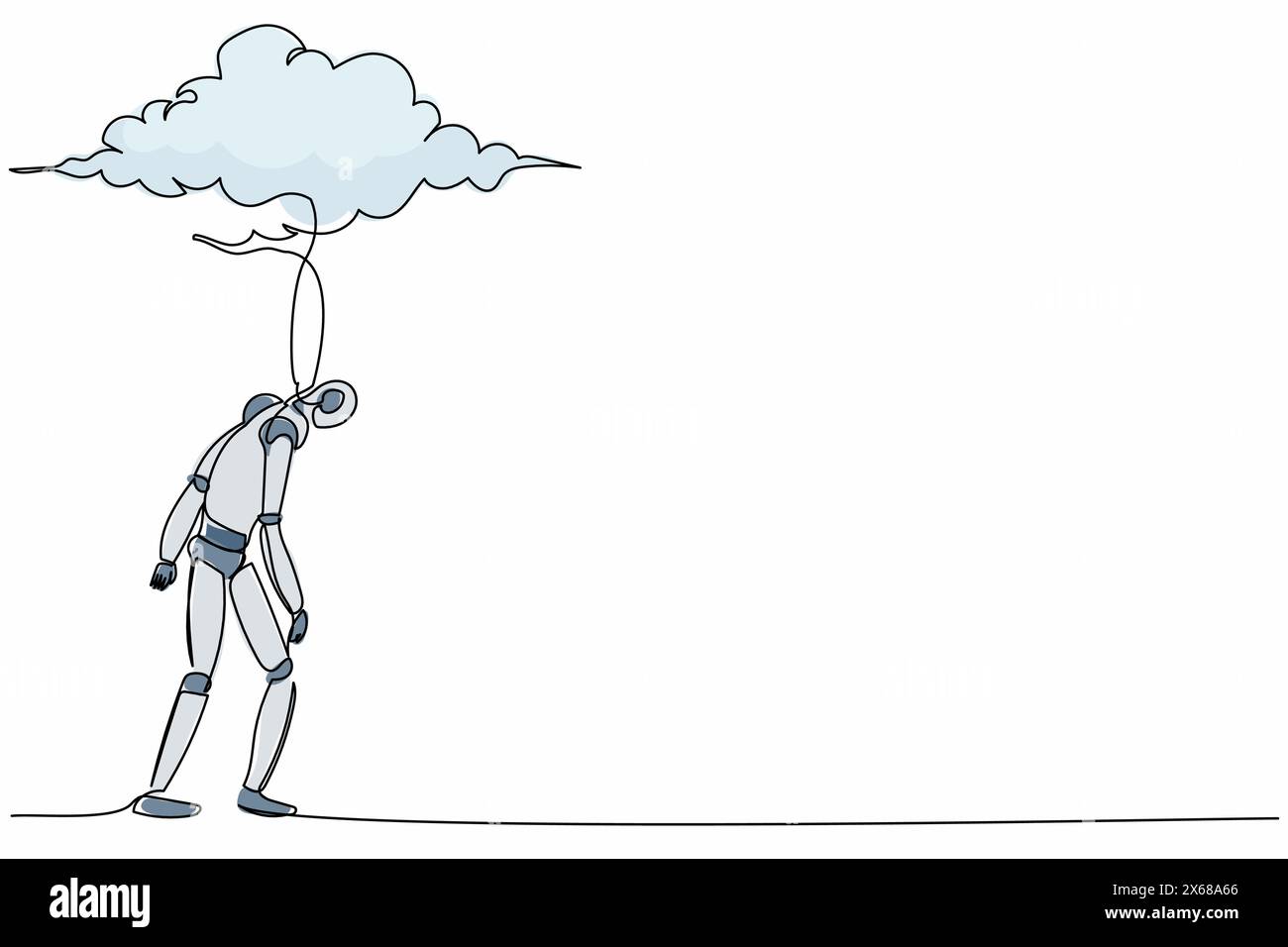 Single one line drawing robot walking under rain cloud. Loneliness in ... Single one line drawing robot walking under rain cloud. Loneliness in ...