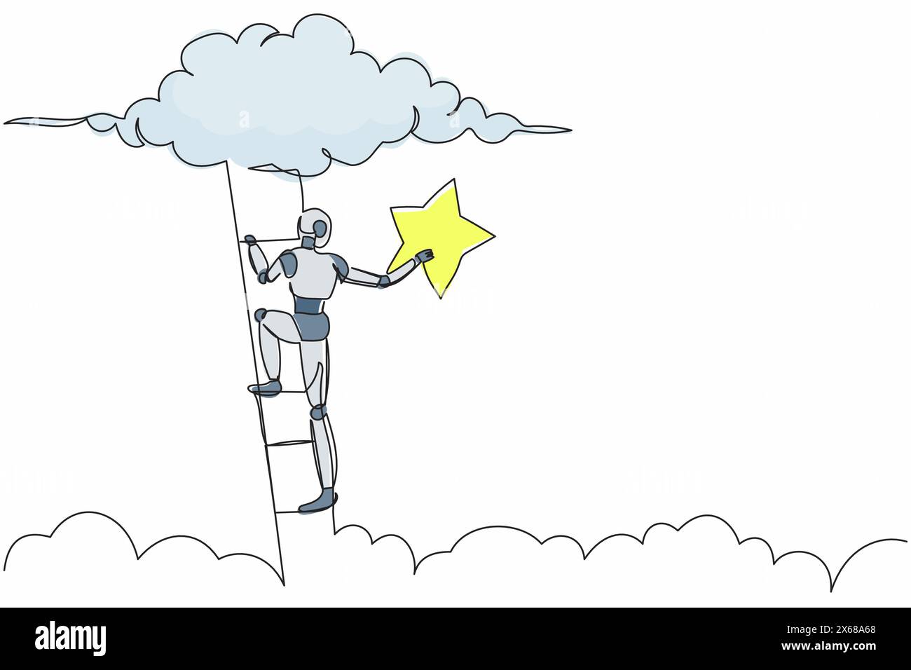 Single continuous line drawing robot climbing ladder and reaching star ...