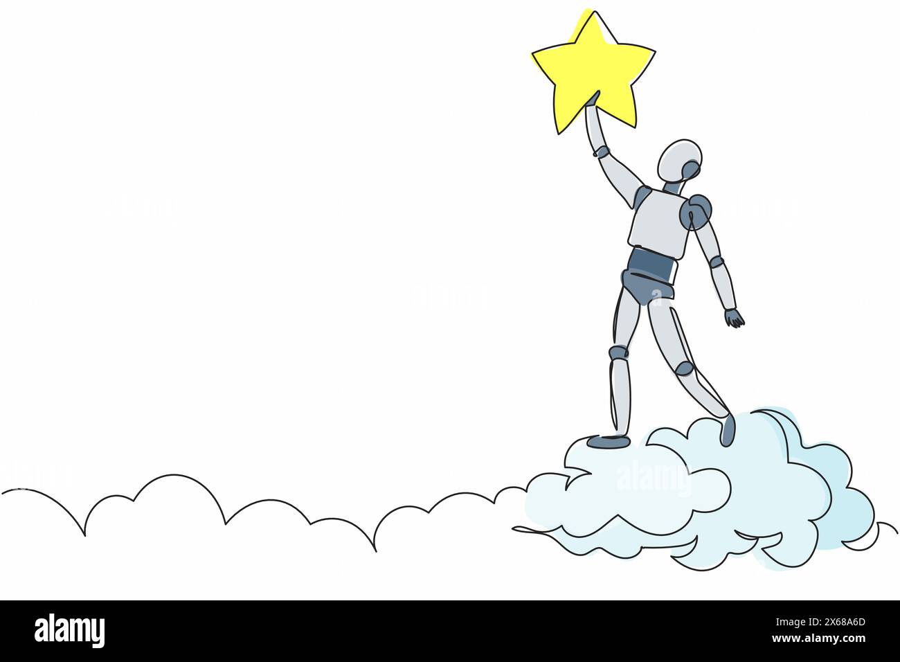 Continuous one line drawing robot reaching star on the sky. Business ...