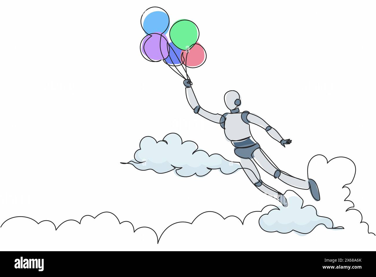 Single one line drawing robot flying with balloon air. Achieve ...