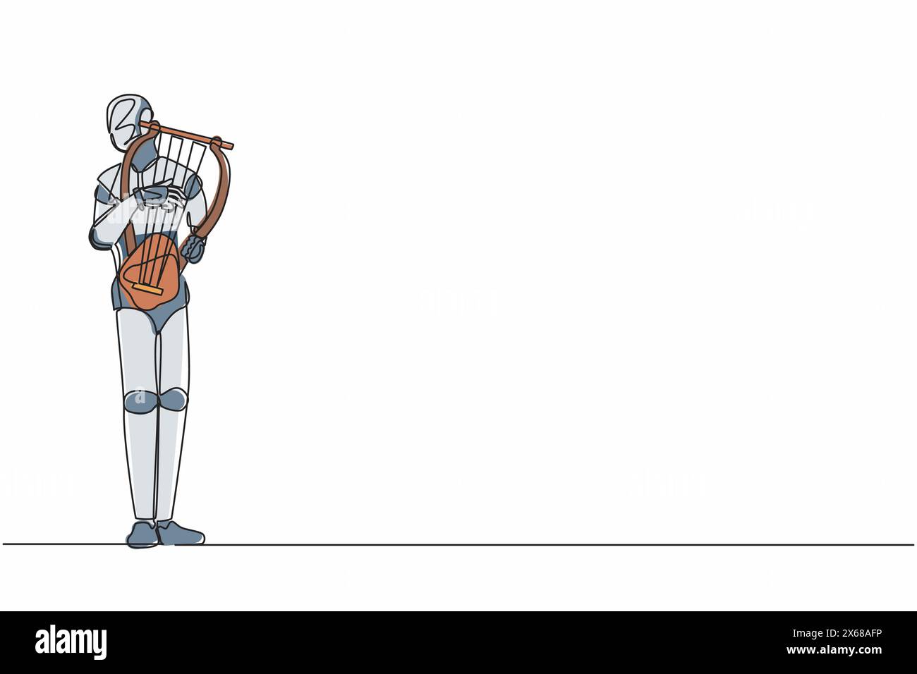 Continuous one line drawing robot musician playing musical lyre on ...