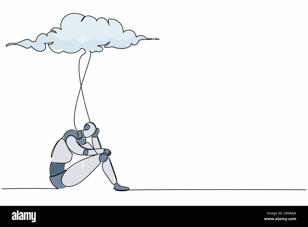 Single continuous line drawing unhappy robot feeling stress and sad ...