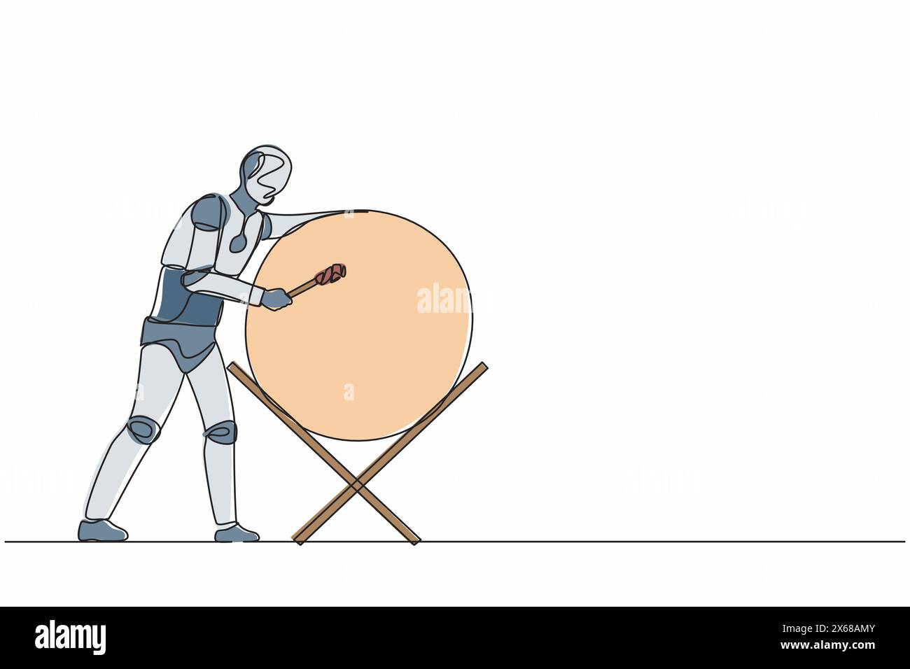 Single continuous line drawing robot hitting traditional drum in ...