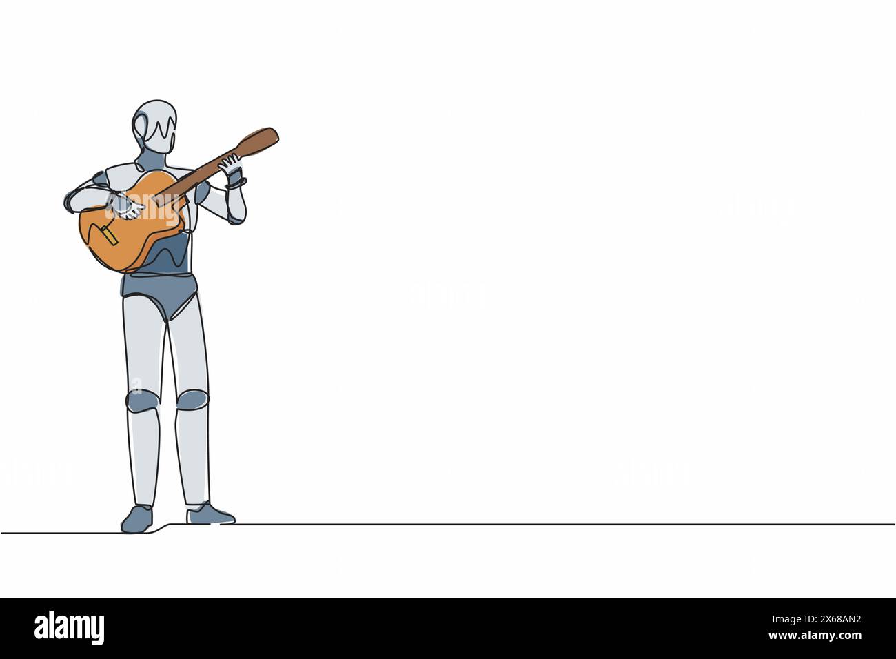 Single continuous line drawing robot playing acoustic guitar at musical ...