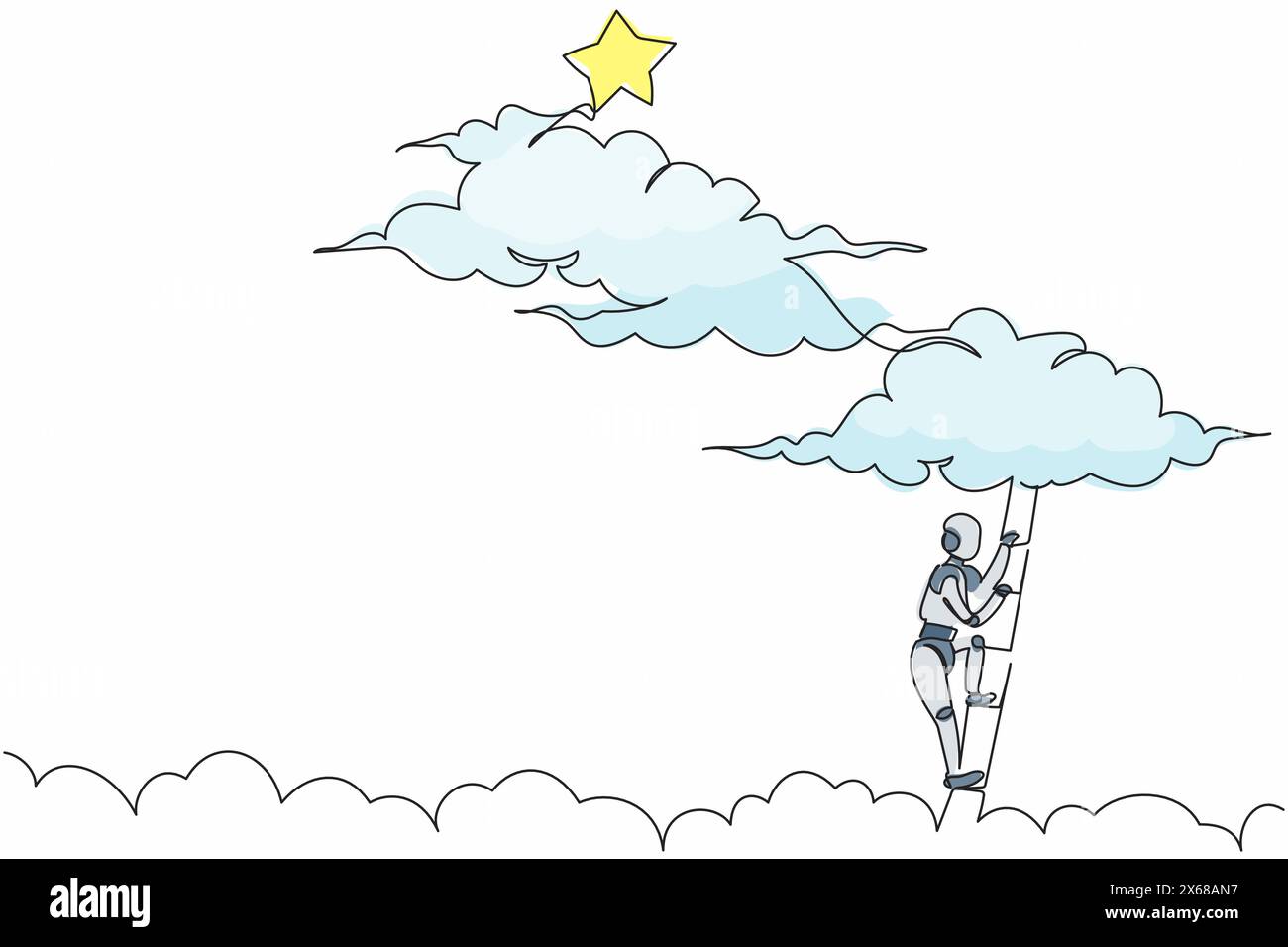 Single continuous line drawing robot climbing ladder to reach out for ...