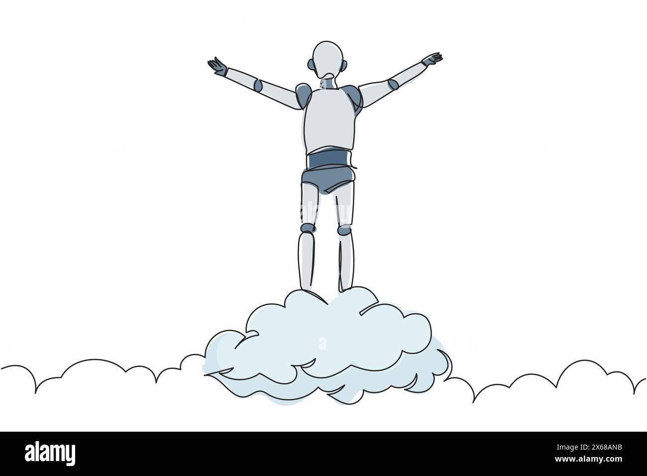 Single one line drawing robot on top of cloud with raised hand. Future technology development ...