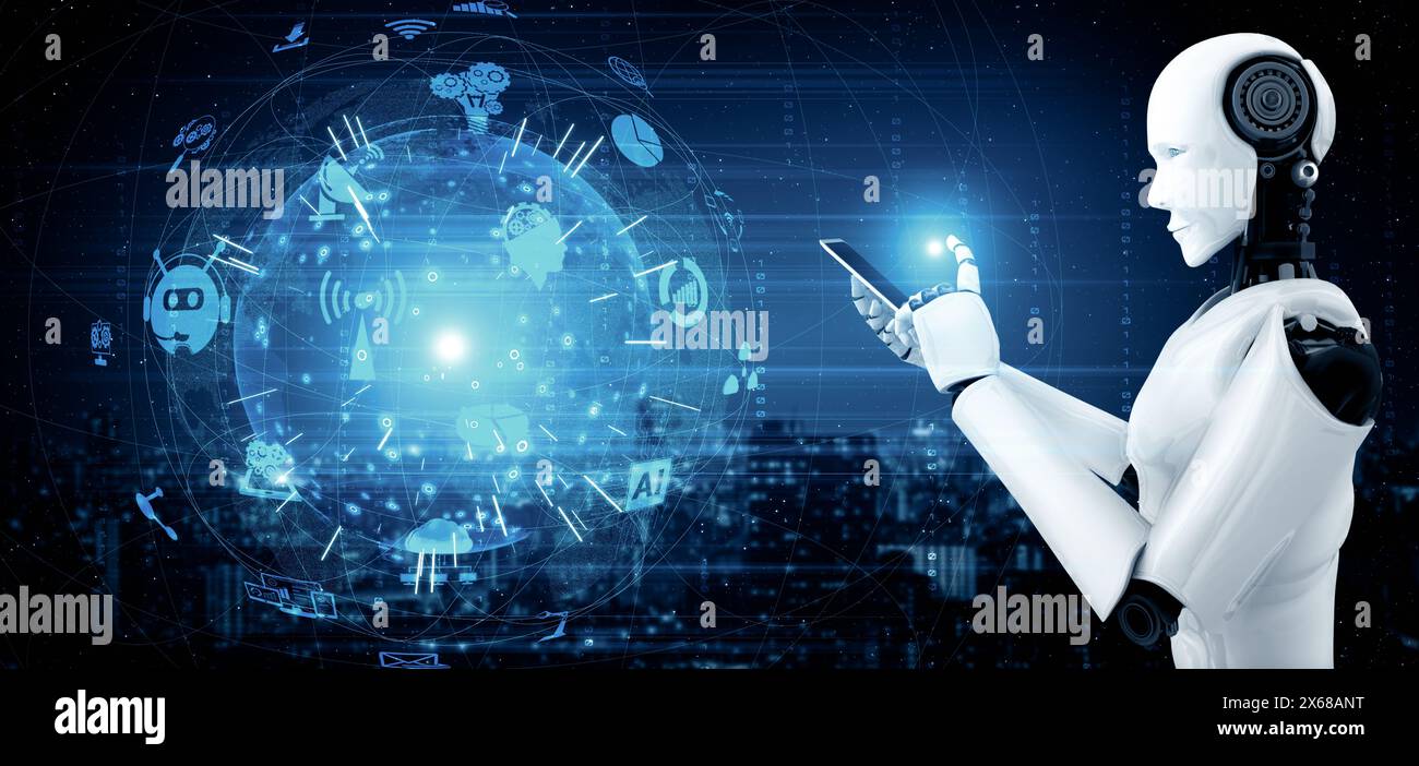 MLP 3d illustration Robot humanoid use mobile phone or tablet for ...