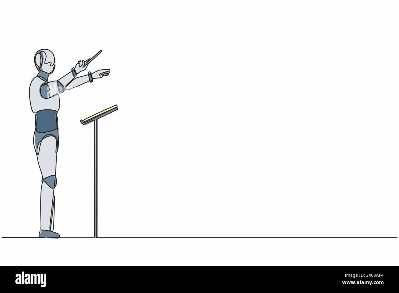 Single one line drawing robot music conductor directing symphony orchestra. Future technology ...