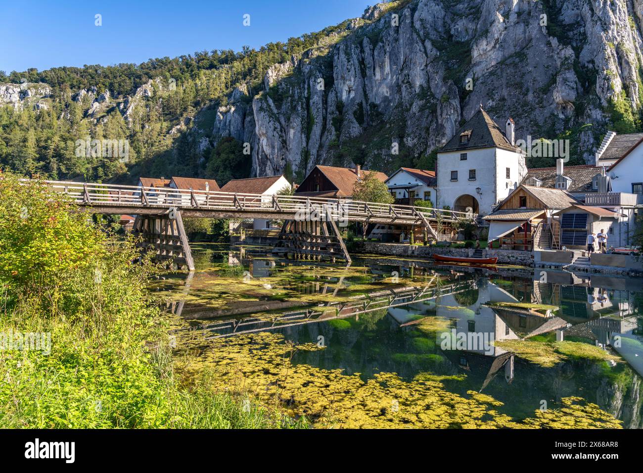 Market gate with Altmühl bridge in the market town of Essing in ...