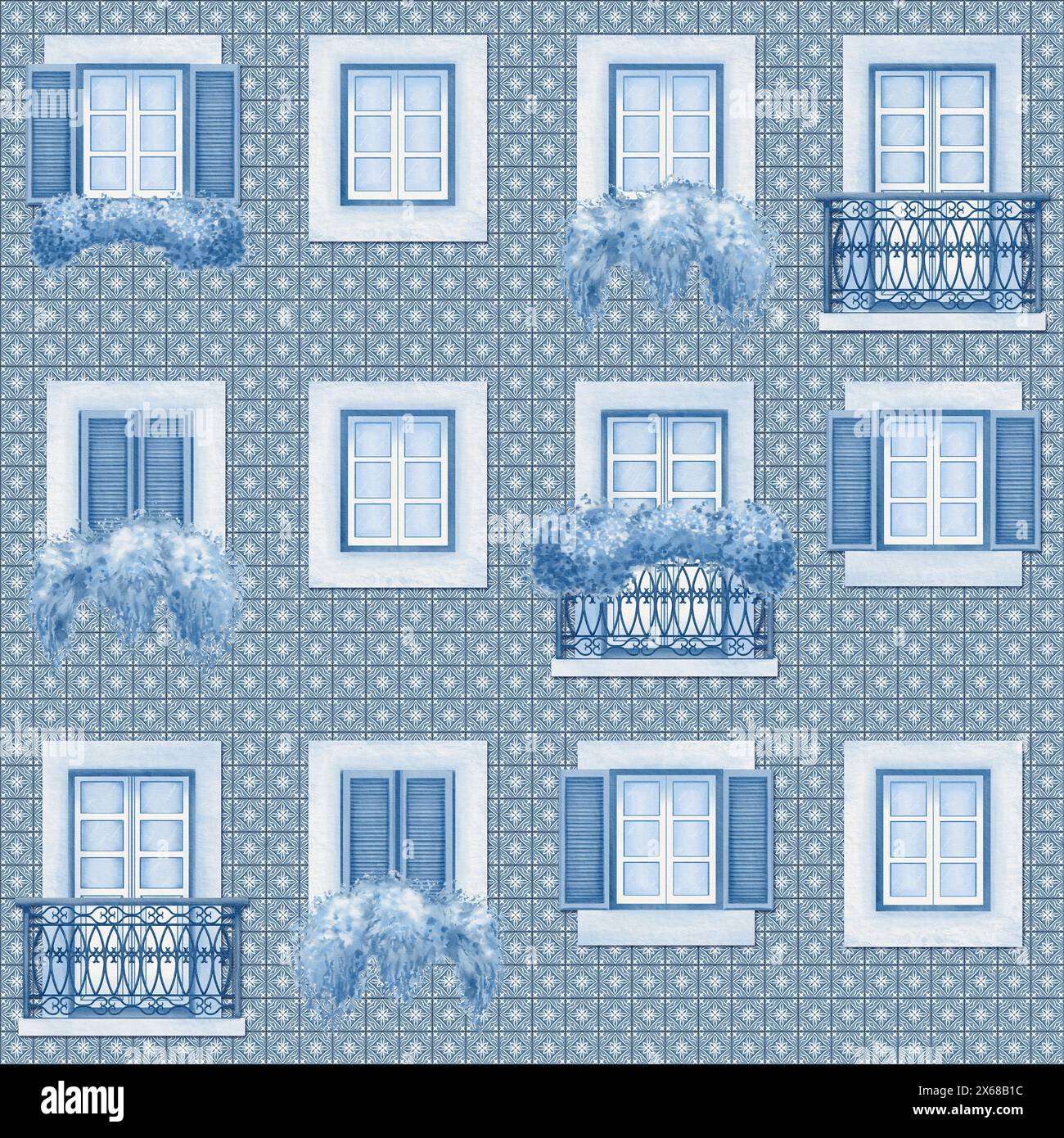 A facade with balconies and windows in seamless pattern with wooden ...