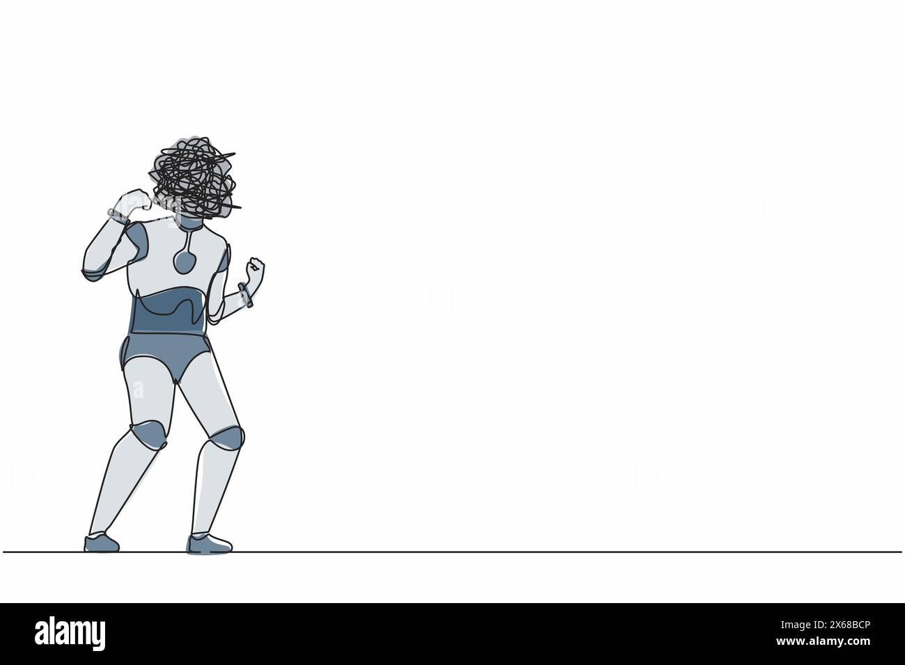 Single continuous line drawing robot with round scribbles instead of head. Angry annoyed robot ...