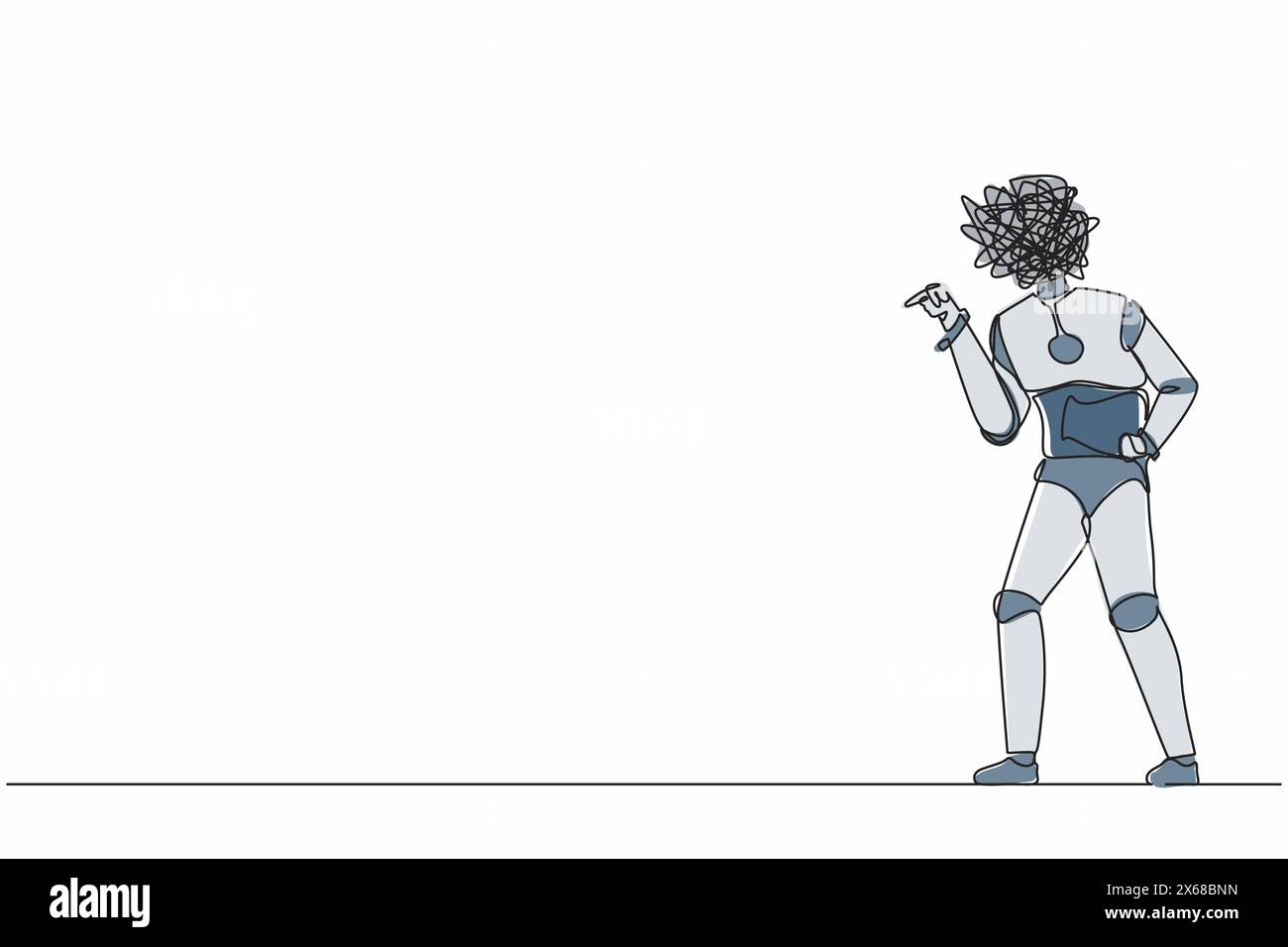 Single one line drawing robot with round scribbles instead of head ...