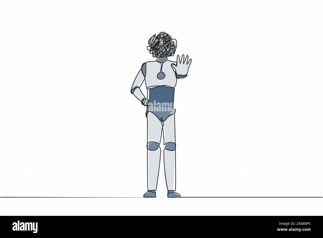 Single one line drawing robot with round scribbles instead of head ...