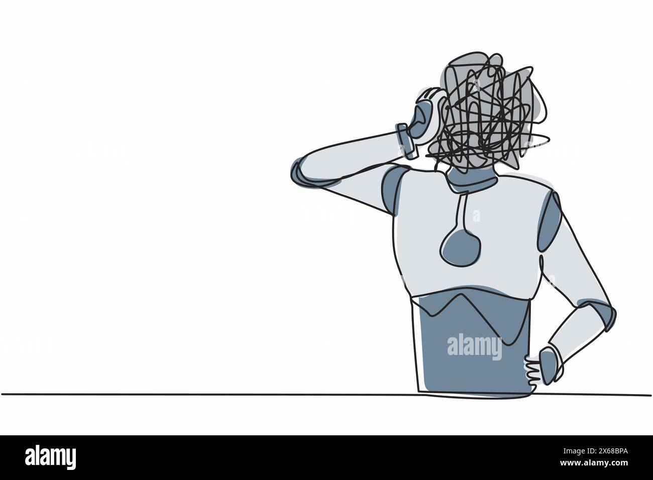 Single continuous line drawing robot with round scribbles instead of head. Doubting robot ...