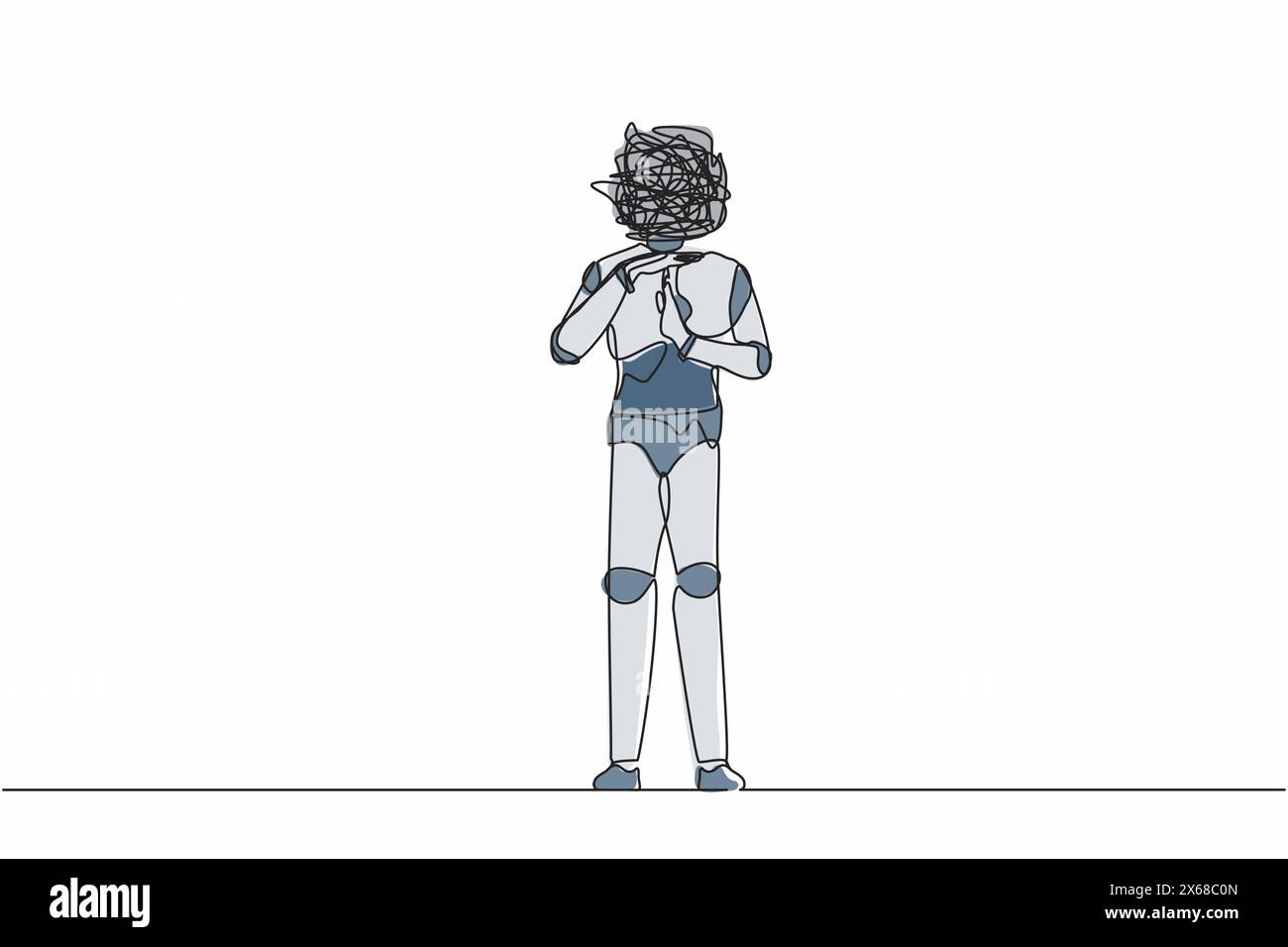 Single one line drawing robot with round scribbles instead of head ...