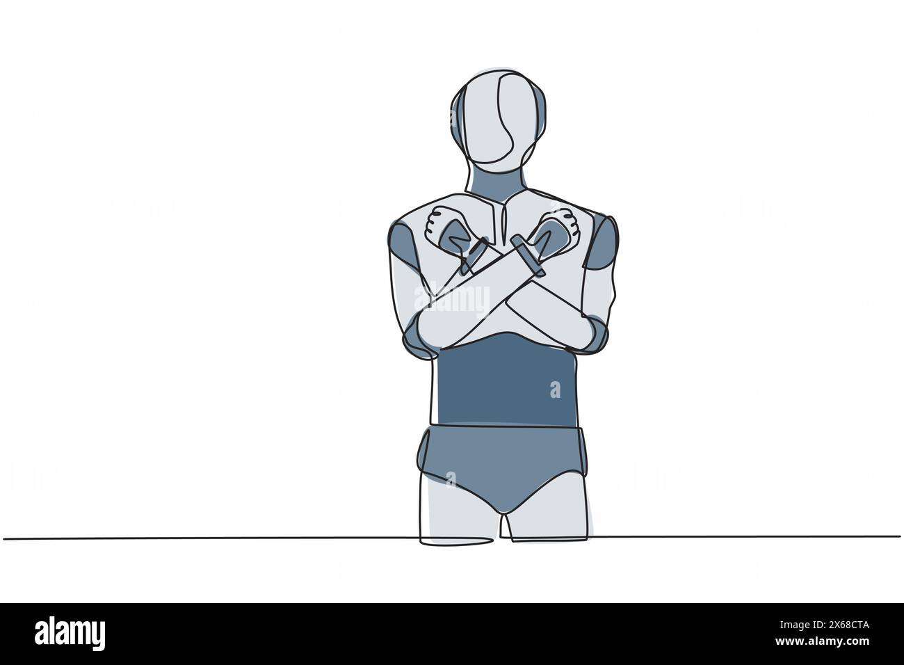 Single continuous line drawing robot standing with fist clenched, arm ... Single continuous line drawing robot standing with fist clenched, arm ...