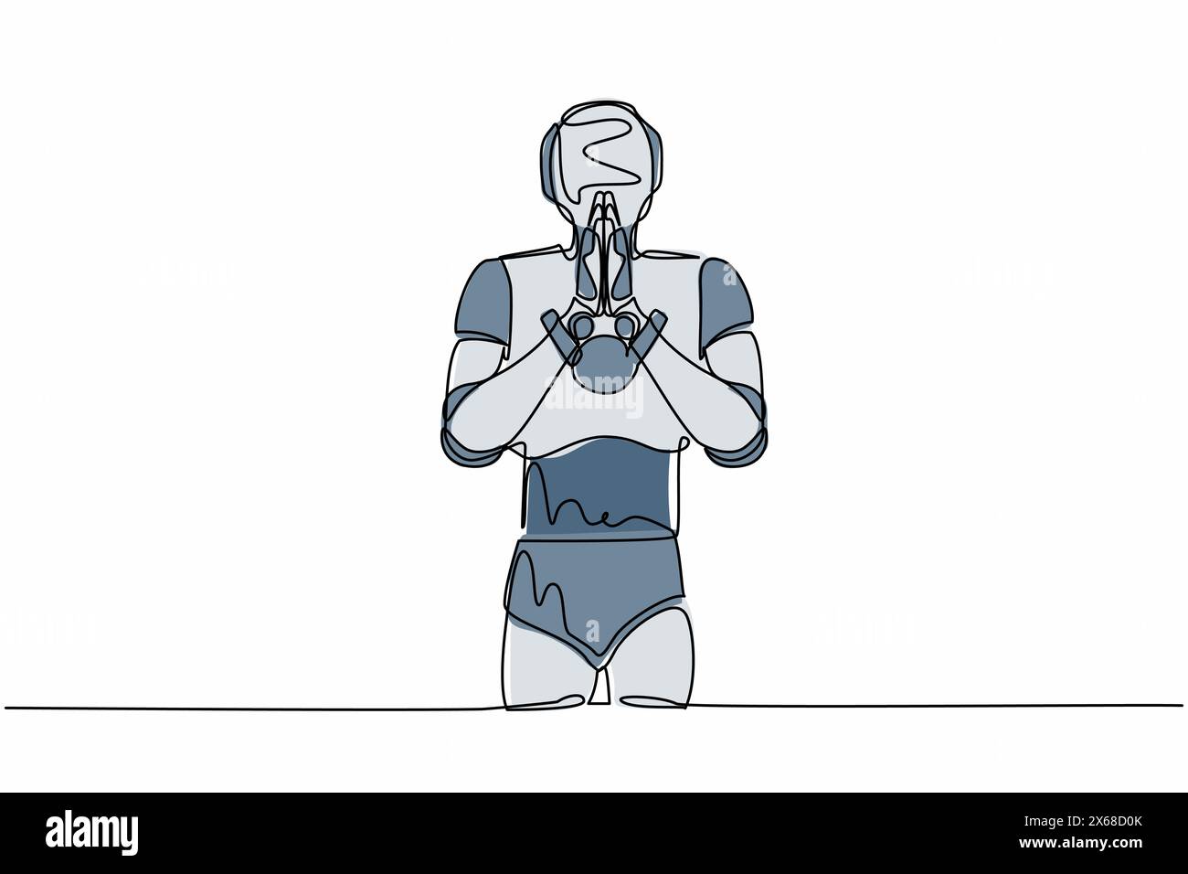 Single continuous line drawing robot standing with holding palms in ... Single continuous line drawing robot standing with holding palms in ...