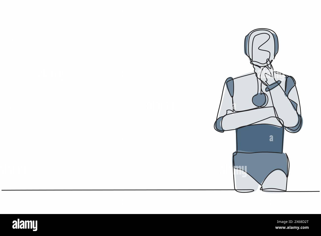 Single continuous line drawing robot standing in thoughtful pose ...