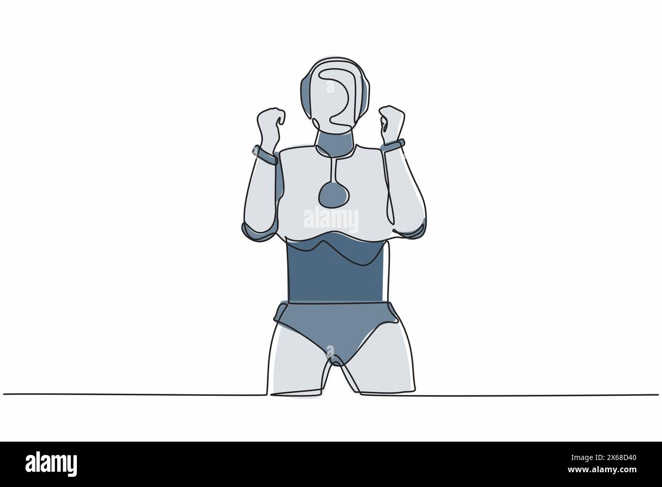 Single continuous line drawing robot standing with both hands do ...