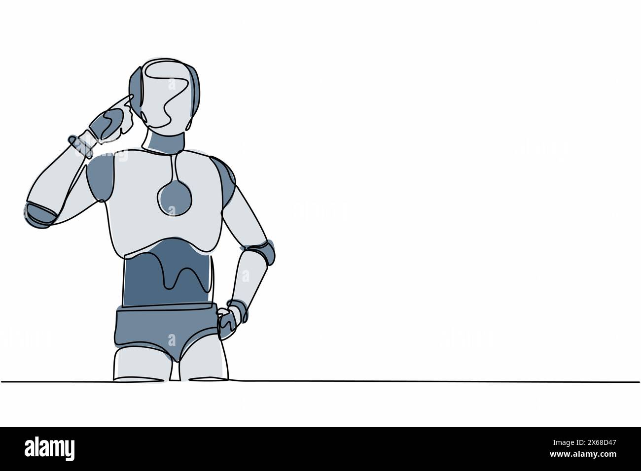 Single one line drawing robot standing with pointing his head, thinking ... Single one line drawing robot standing with pointing his head, thinking ...