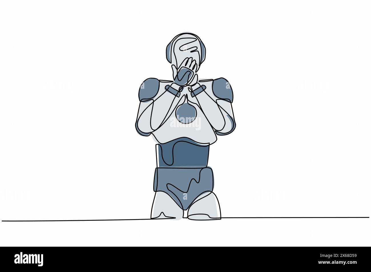 Single one line drawing robot standing with covering mouth with hands ...