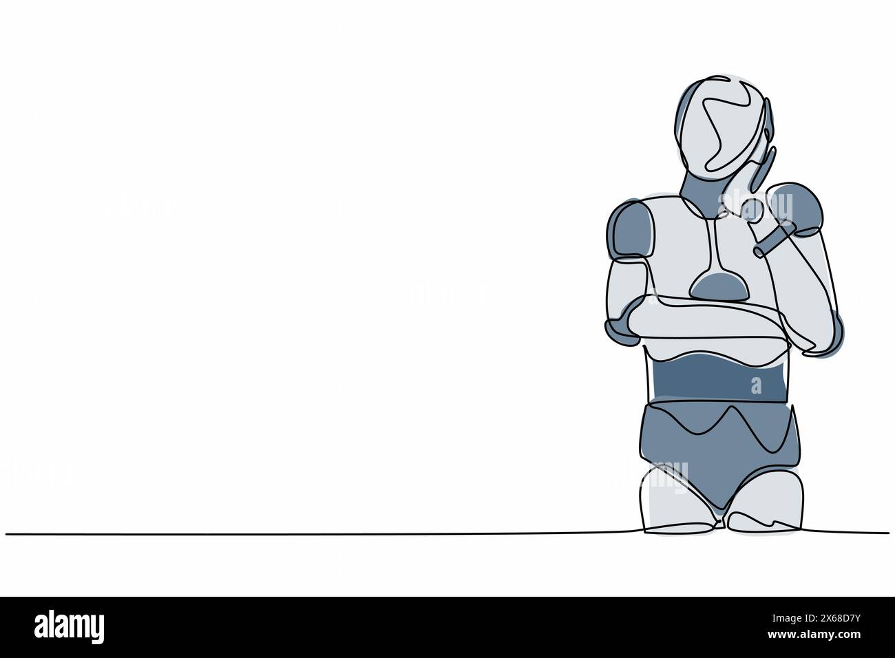 Single one line drawing robot standing with keeping hand on cheek ... Single one line drawing robot standing with keeping hand on cheek ...