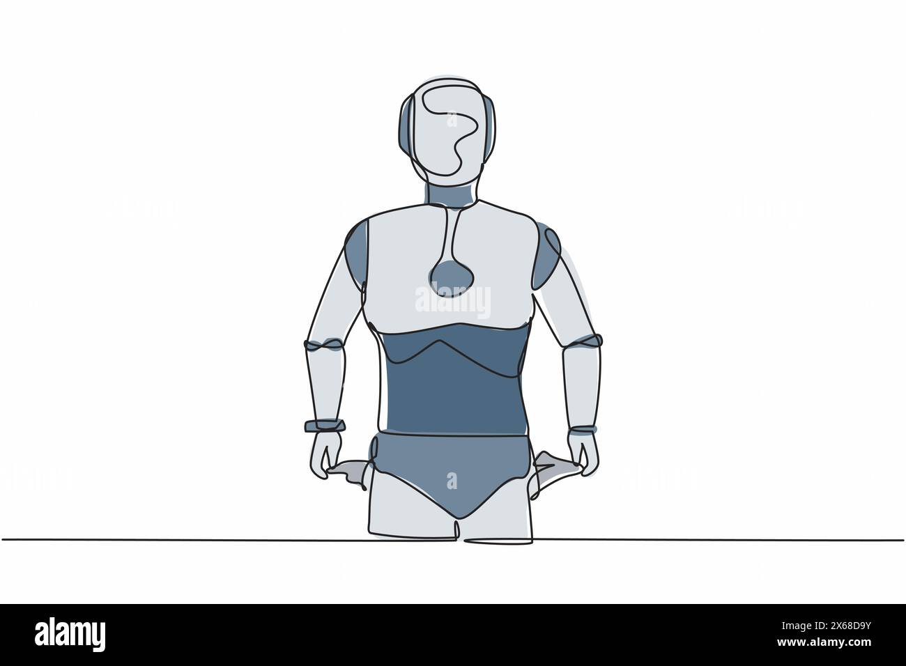 Single continuous line drawing robot standing with pocket turned outward, no money. Bankrupt ...