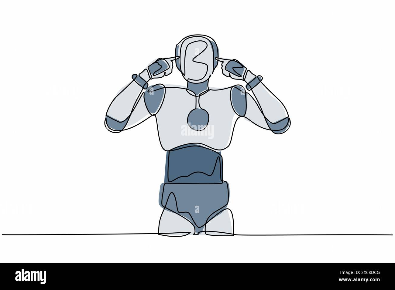 Continuous one line drawing robot standing with covering ears with ...
