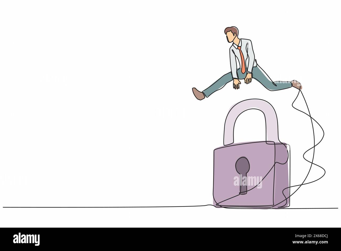 Single one line drawing businessman jumping over big lock. Solve ...