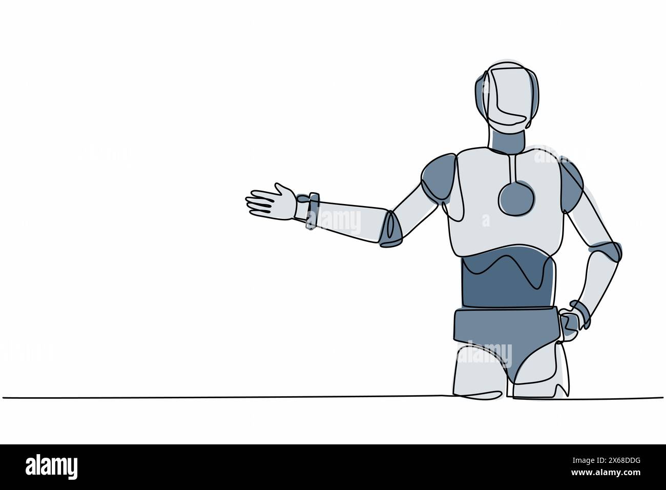 Single continuous line drawing robot standing with showing something or ... Single continuous line drawing robot standing with showing something or ...