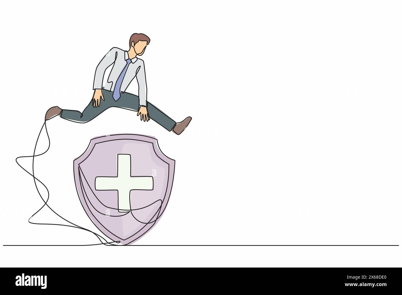 Single continuous line drawing businessman jumping over big shield ...