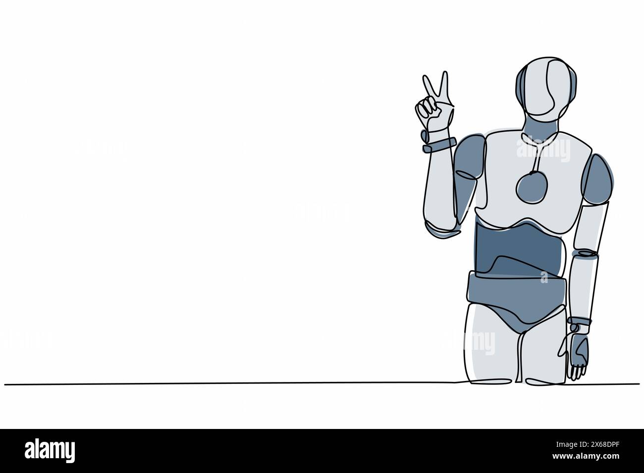 Continuous one line drawing robot standing with v symbol, victory sign ...