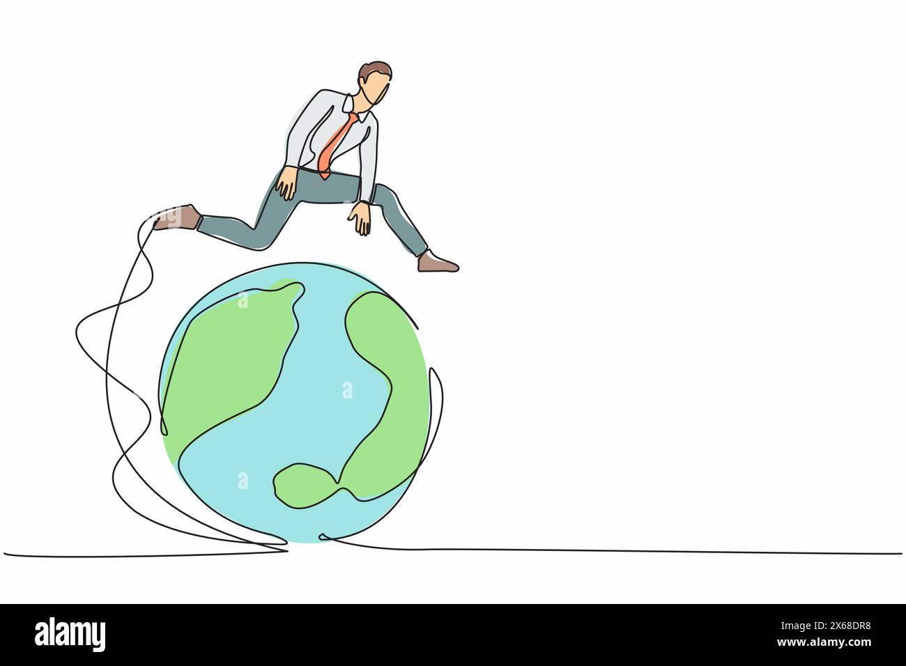 Single continuous line drawing businessman jumping over globe ...