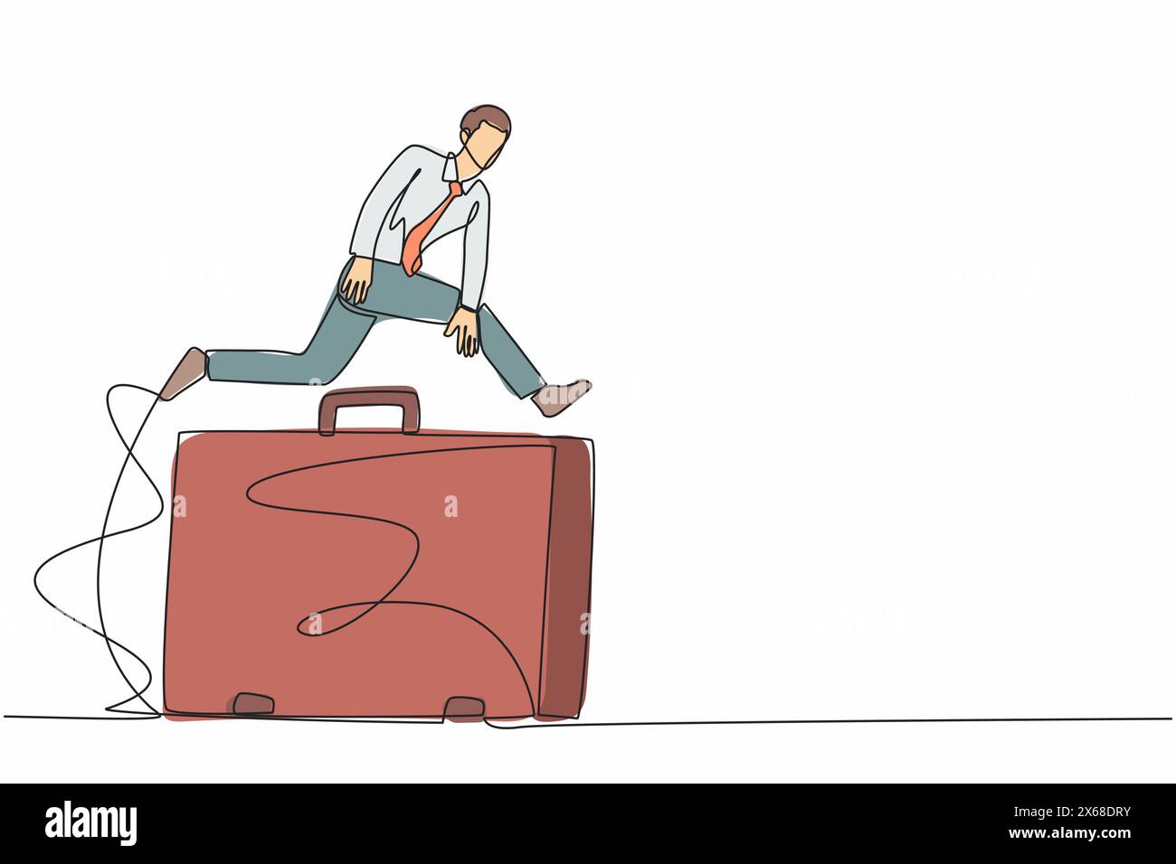 Continuous one line drawing businessman jumping over big briefcase ...