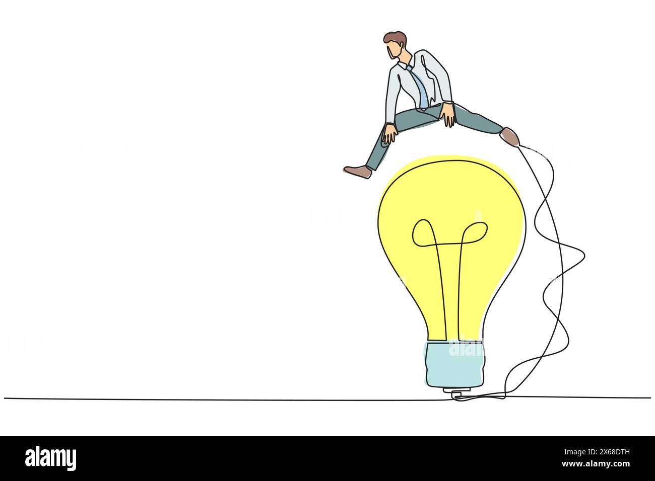 Single one line drawing businessman jumping over big light bulb ...