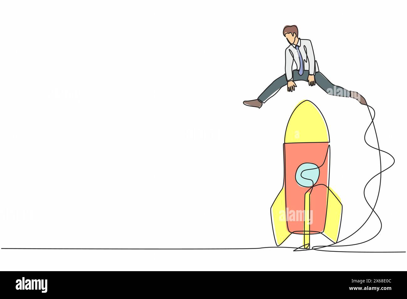 Single continuous line drawing businessman jumping over big rocket ...