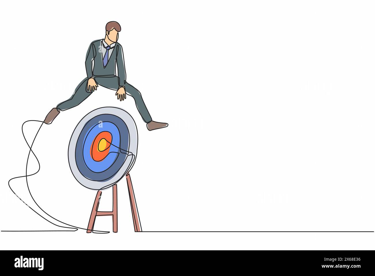 Single continuous line drawing businessman jumping on big archery bull ...