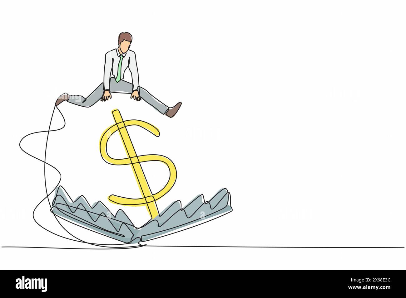 Single one line drawing businessman jumping over money pitfall or mouse ...