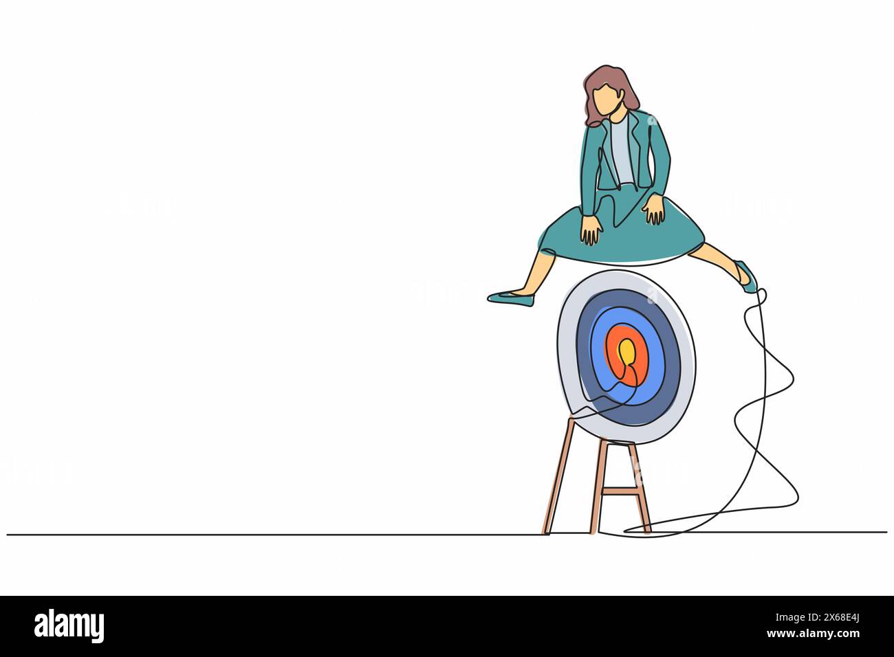 Single continuous line drawing businesswoman jumping on big archery ...