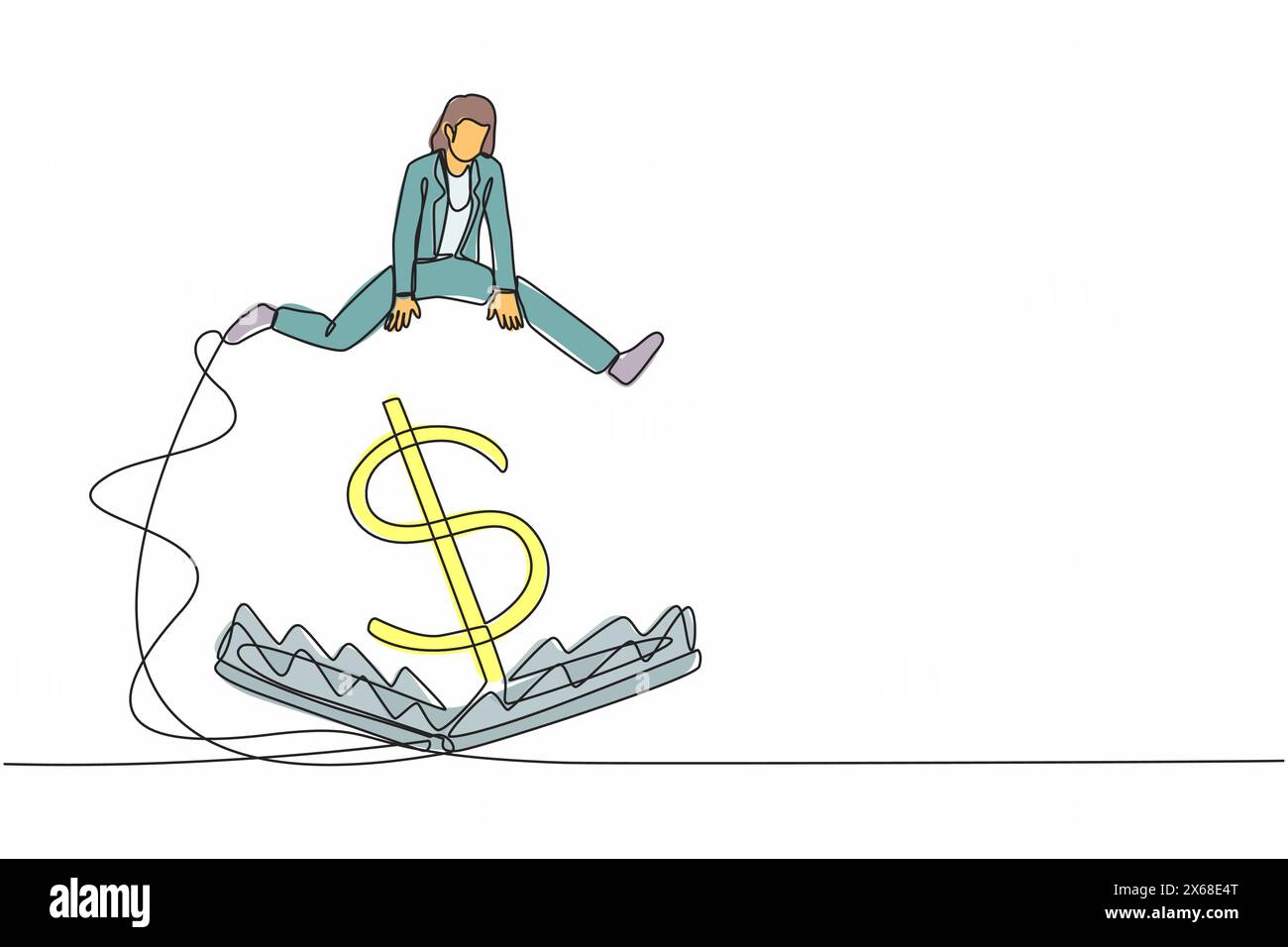 Continuous one line drawing businesswoman jumping over money pitfall ...