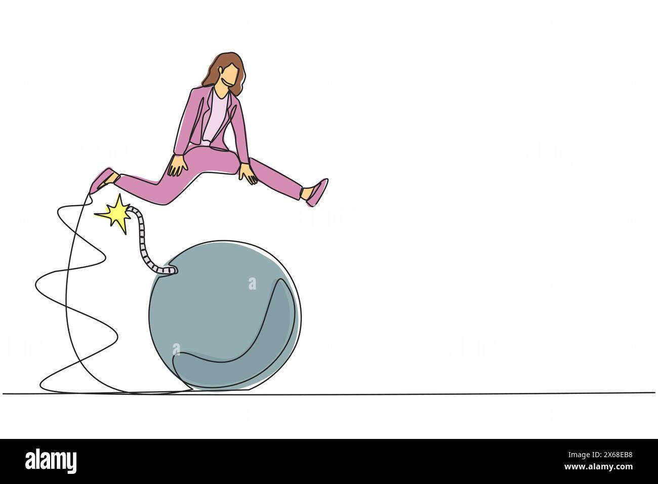 Single continuous line drawing businesswoman jumping over bomb ...