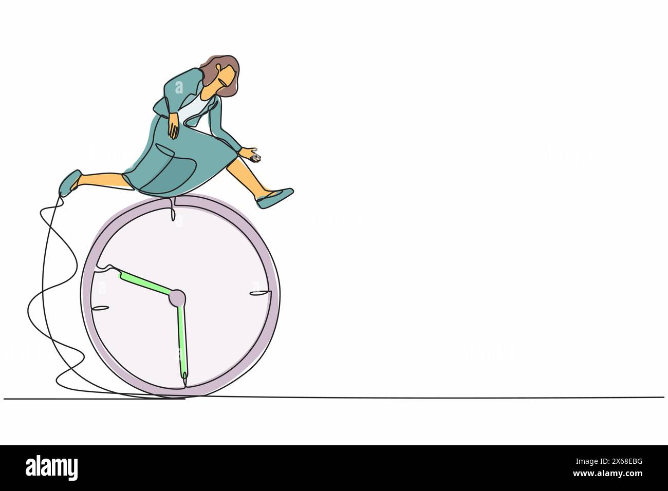Single one line drawing businesswoman jump over time passing clock ...