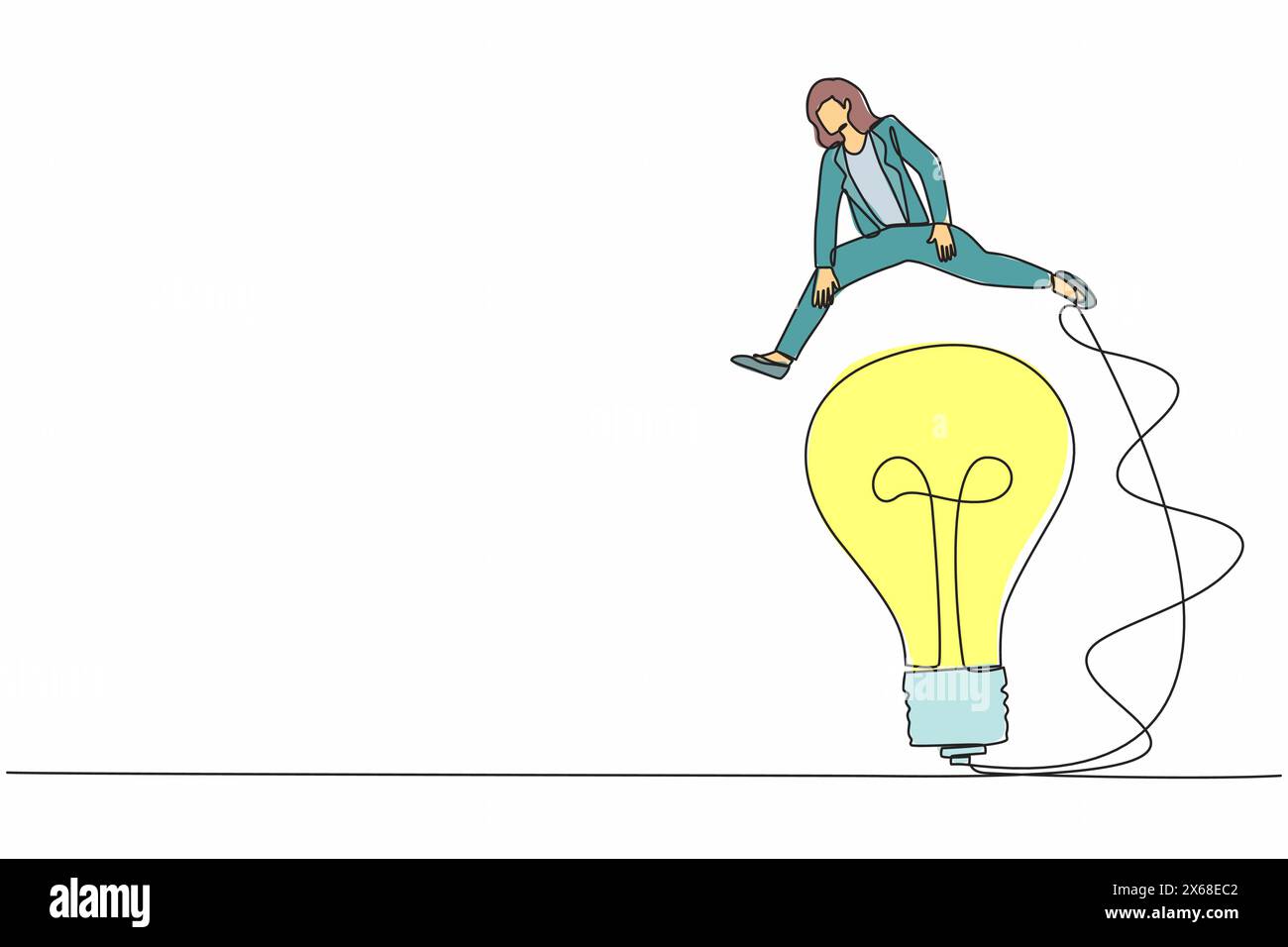Continuous one line drawing businesswoman jumping over big light bulb ...