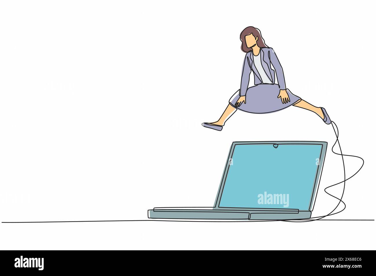 Continuous one line drawing businesswoman jumping over big laptop ...