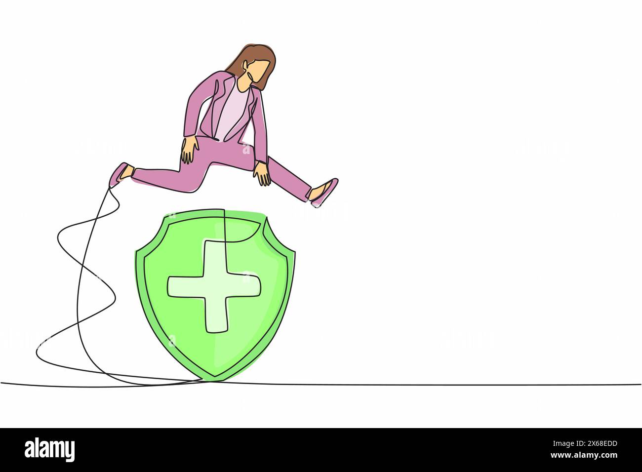 Single one line drawing businesswoman jumping over big shield ...
