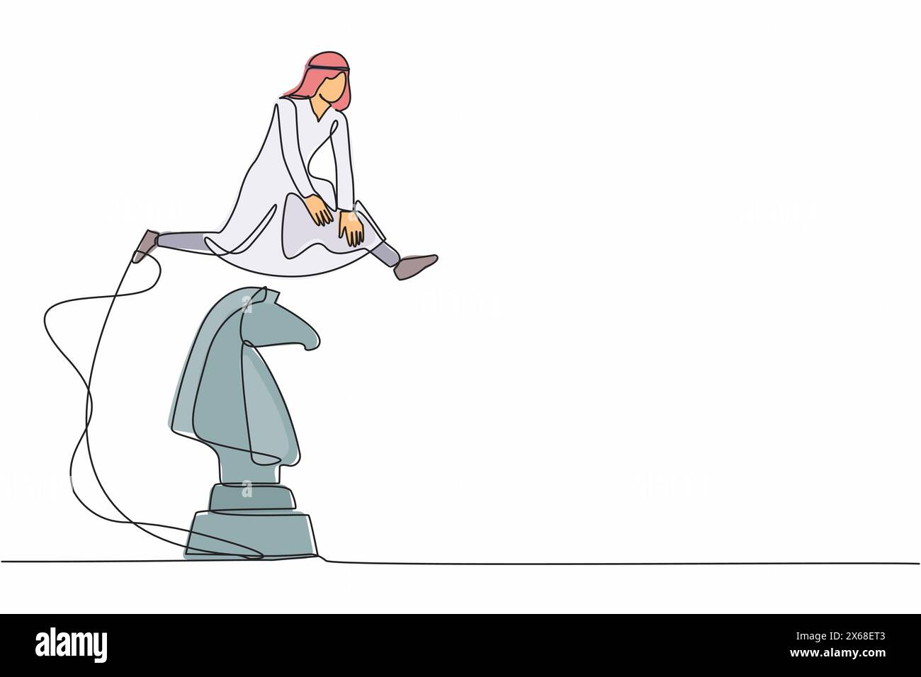 Single continuous line drawing Arab businessman jumping over big chess ...