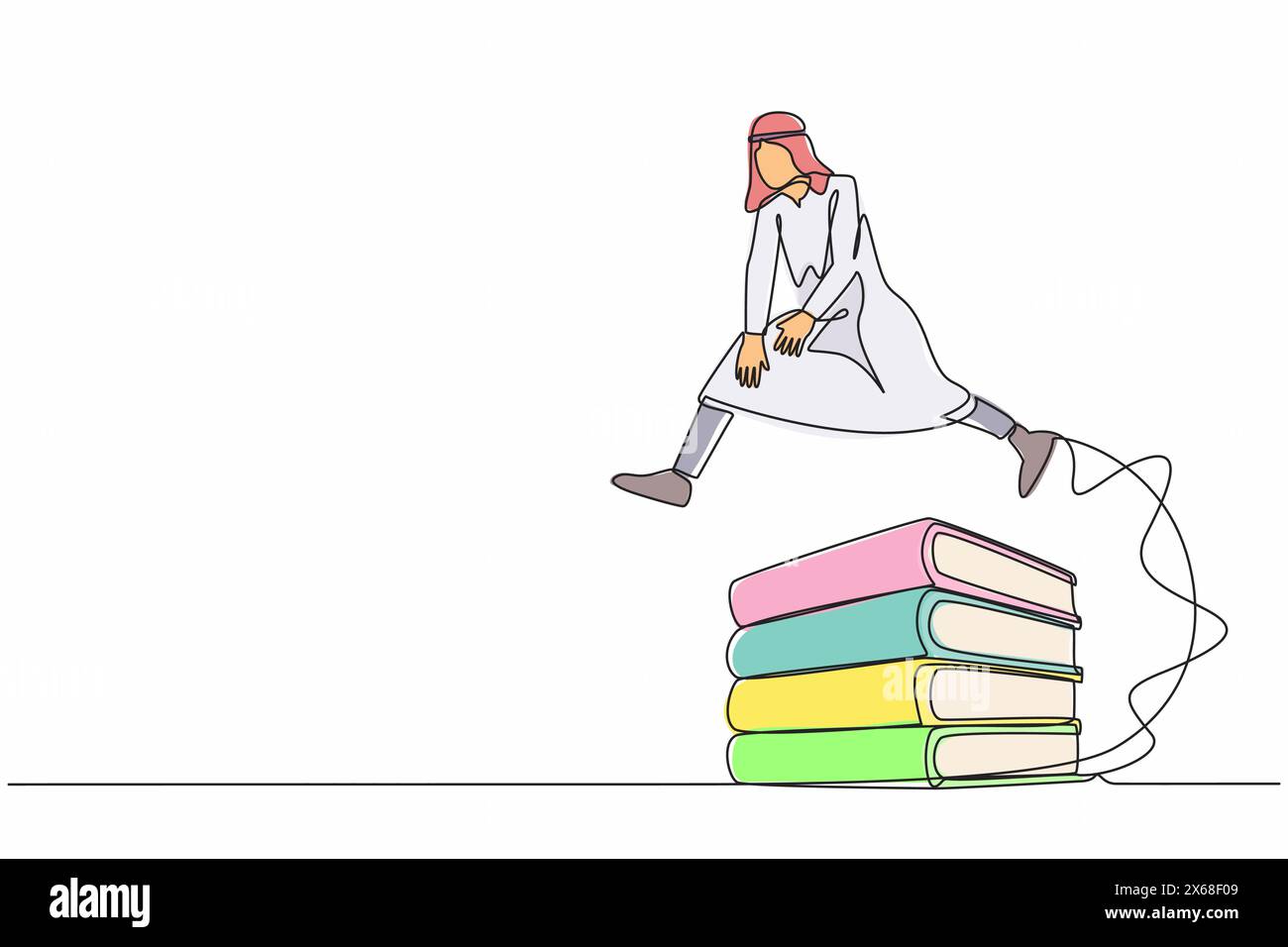 Continuous one line drawing Arabian businessman jumping over pile of ...