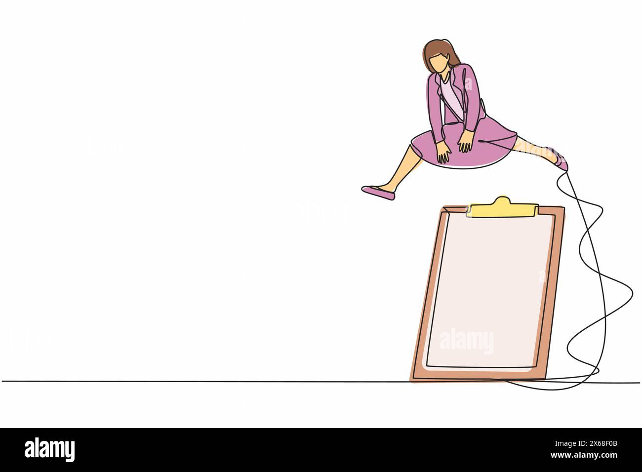 Continuous one line drawing businesswoman jumping over big clipboard ...