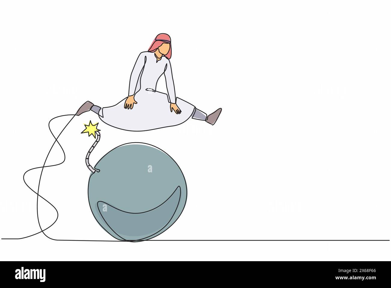 Single continuous line drawing Arab businessman jumping over bomb ...